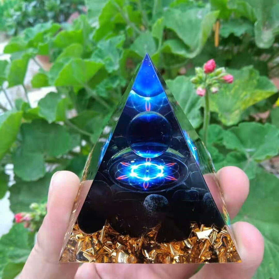 Handcrafted Obsidian Flower of Life Orgone Pyramid with K9 Blue Crysta ...