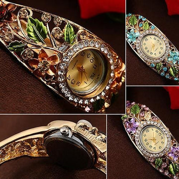 Gold Floral Bangle Gemstone Watch - 6 Styles - Stainless Steel ...
