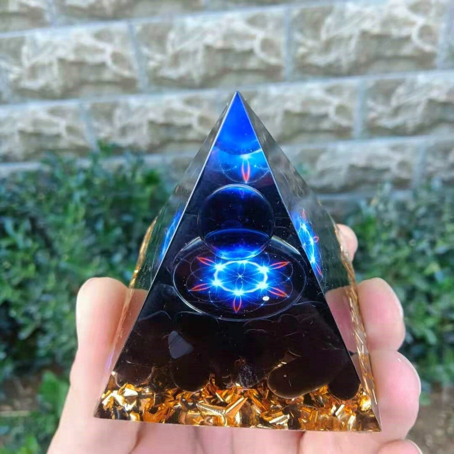 Handcrafted Obsidian Flower of Life Orgone Pyramid with K9 Blue Crysta ...