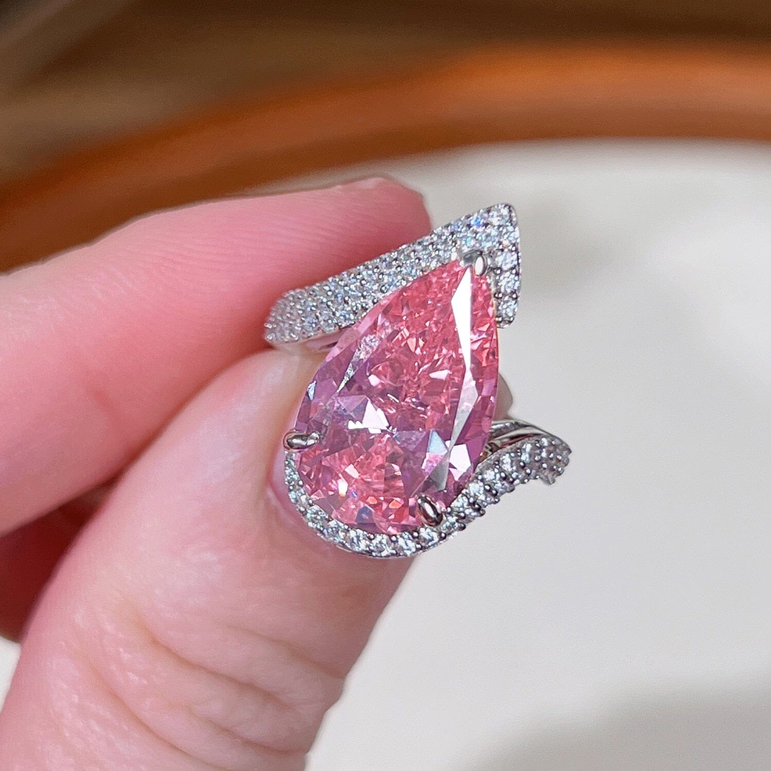 Sparkling Waterdrop Pink Diamond Silver Ring – AtPerry's Healing Crystals