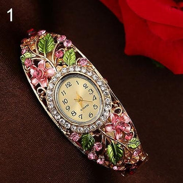 Gold Floral Bangle Gemstone Watch - 6 Styles - Stainless Steel ...